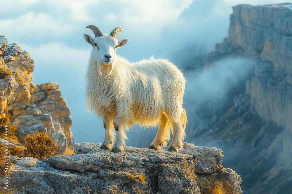 majestic mountain goat on rugged cliff face dramatic rocky landscape ...