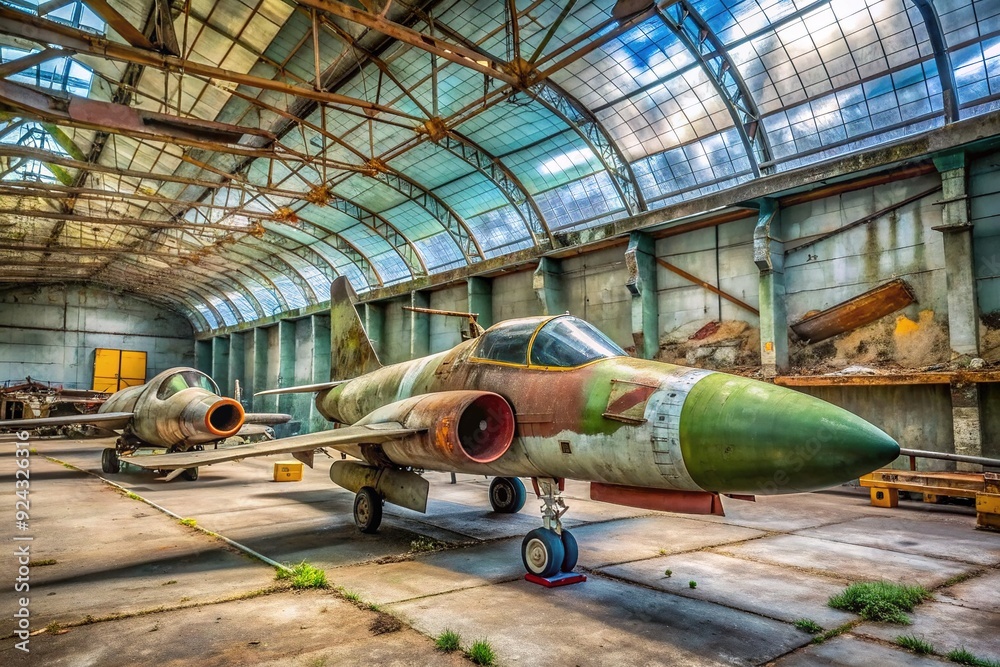 Abandoned Soviet-era MiG fighter jets and aircraft relics sit in a worn ...