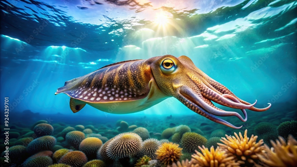 Oceanic scene featuring a swimming cuttlefish, cuttlefish, swimming ...