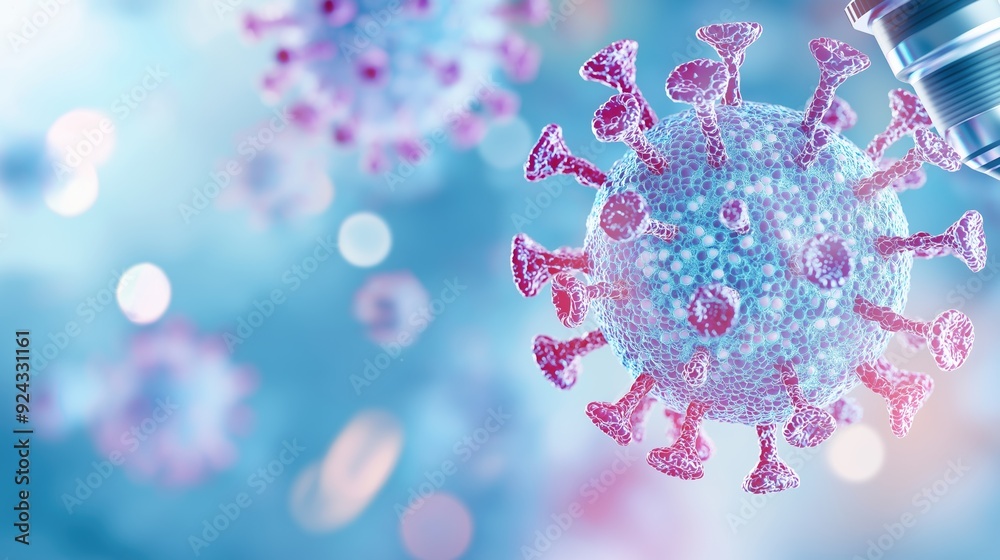 Detailed view of a virus particle under an electron microscope, with ...