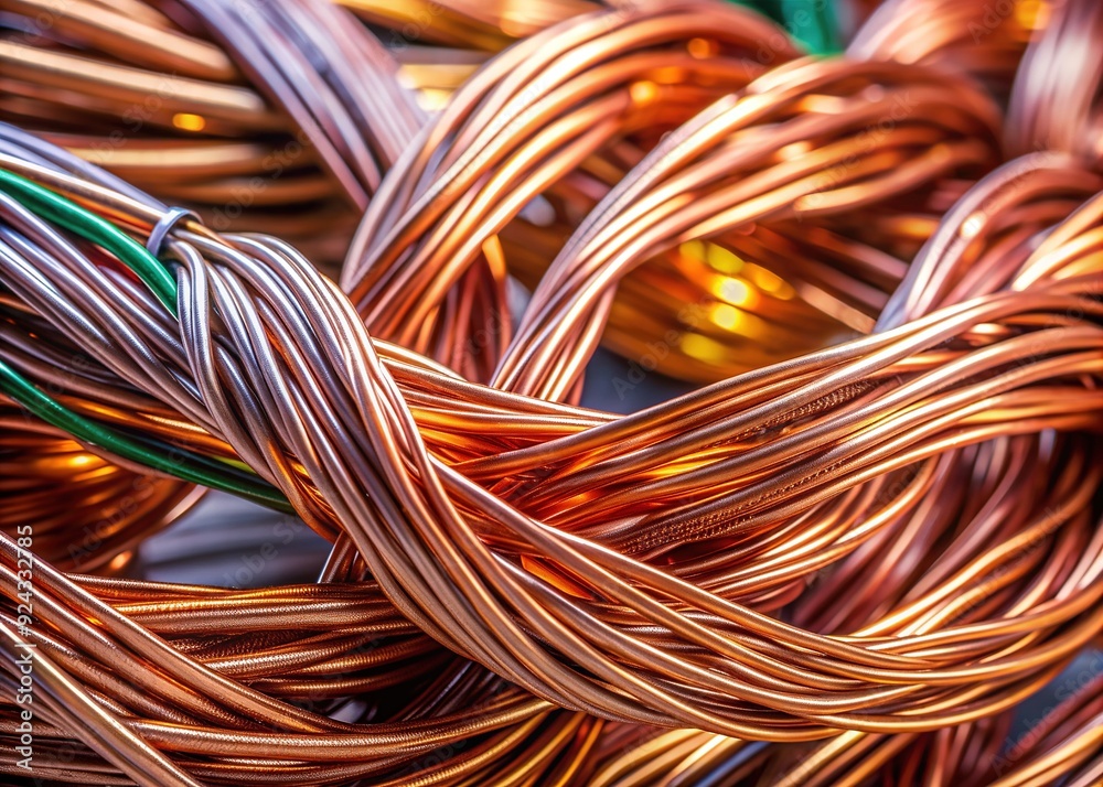 Delicate electrical insulated copper wires intertwined, forming a ...