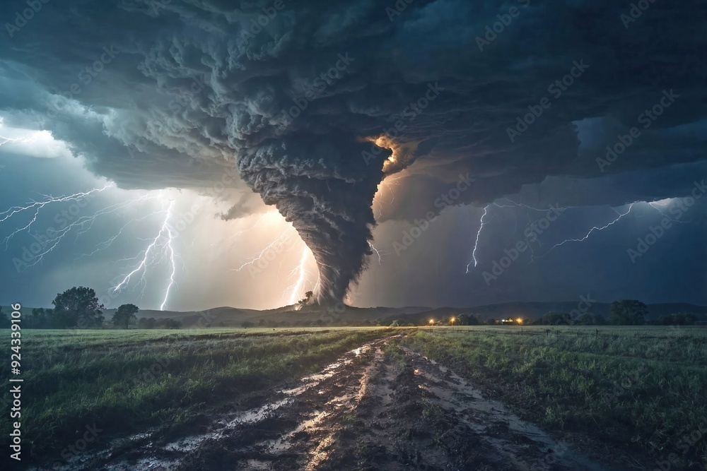 Nighttime Tornado Illuminated by Lightning Strikes Stock Photo | Adobe ...
