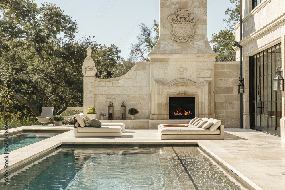 Elegant white stone fireplace with gothic accents by a serene outdoor ...