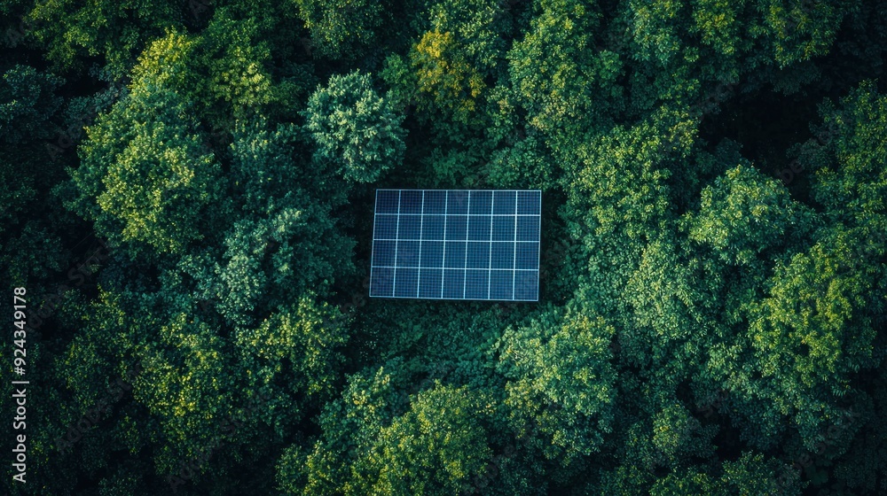 A modern solar panel lies within a dense, lush forest, seamlessly ...