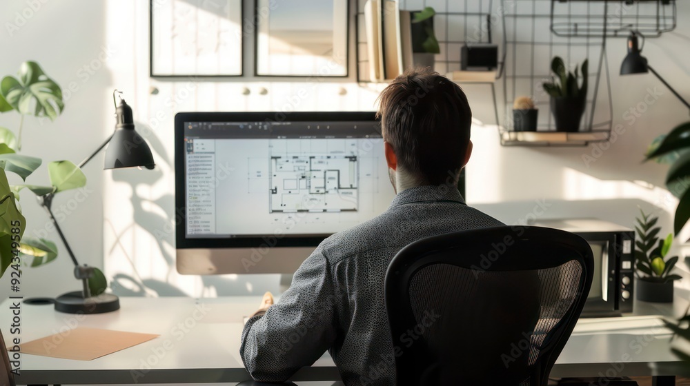A person working on a computer in an office, using digital software to ...