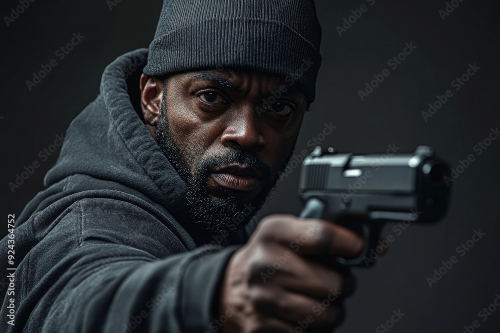 Black gang member checks his weapon. Gangster man with gun in hand on ...