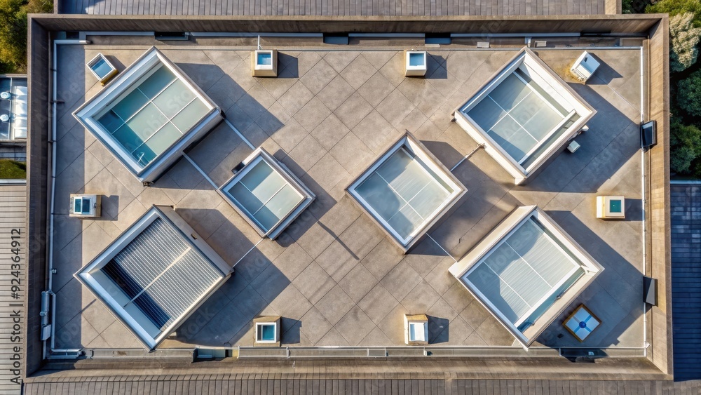 Aerial view of flat roof with multiple skylights , skylight, flat roof ...