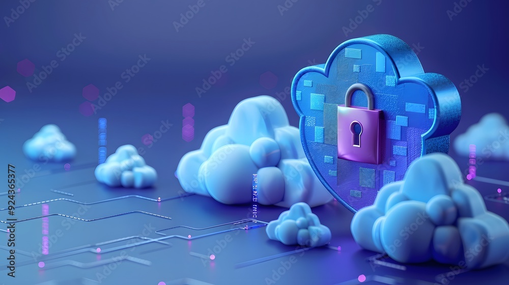 3D cloud computing security concept with key lock and digital clouds, representing data ...