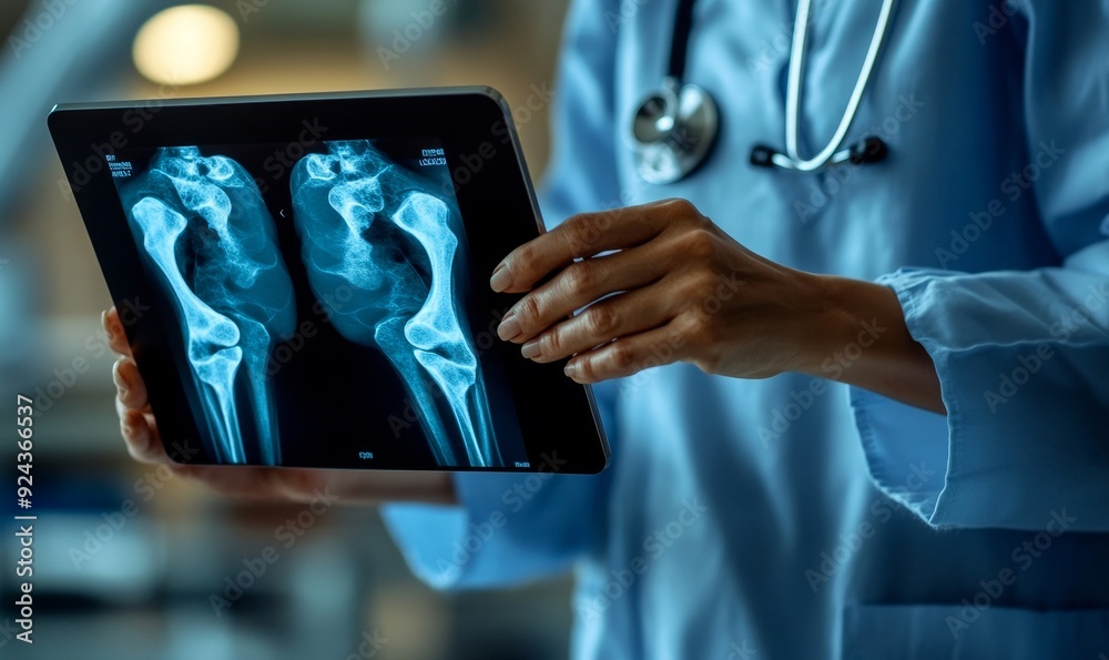 Orthopedics surgeon doctor using digital tablet and examining and ...