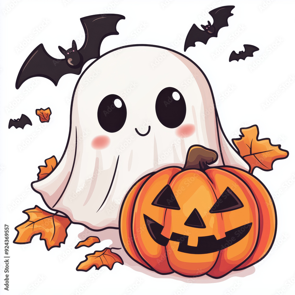 Cute Kawaii Clip art style ghost with pumpkin jack-o-lantern autumn ...