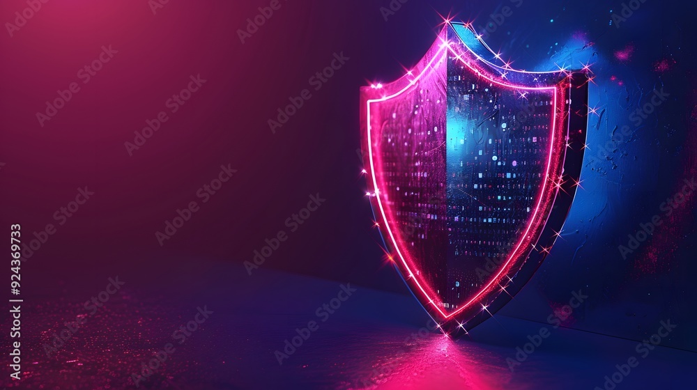 Abstract digital shield with neon lights symbolizes cybersecurity and ...