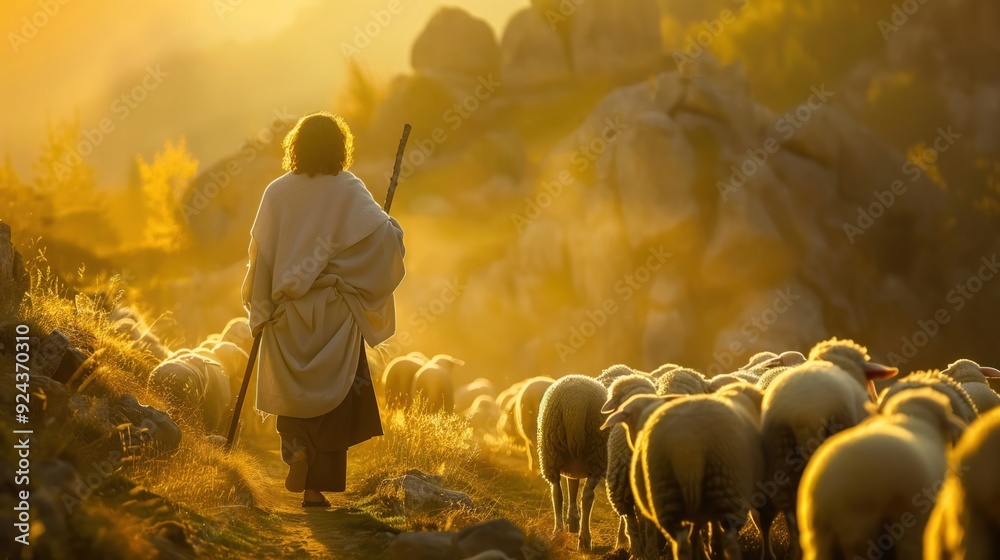 Jesus Christ as a shepherd gently guiding a flock of sheep Stock ...