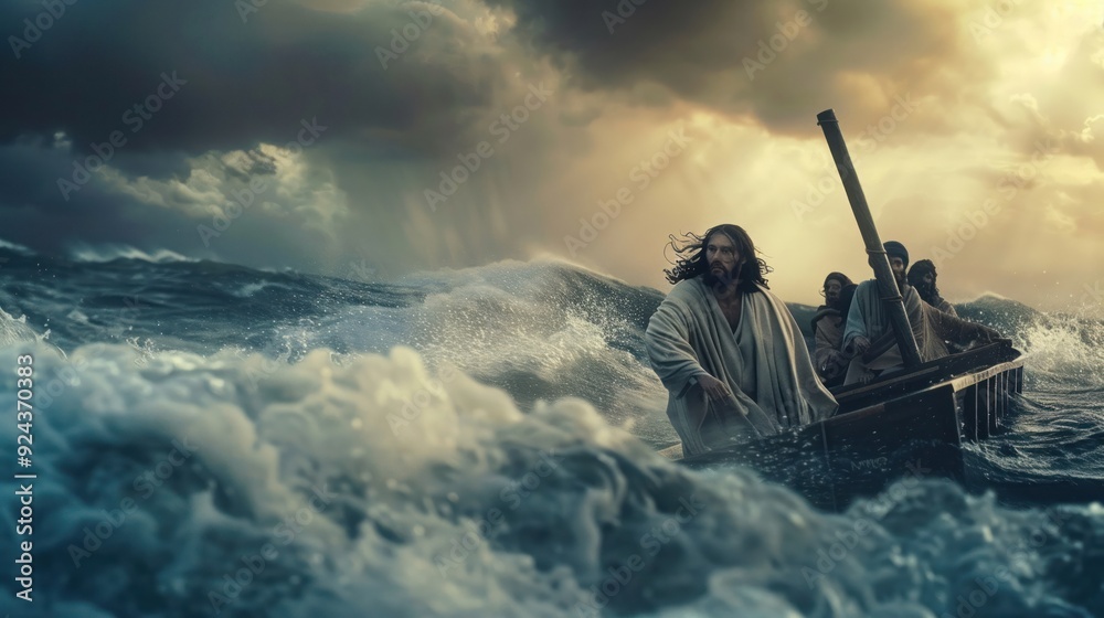 Jesus Christ calming the storm with his followers looking on in awe ...