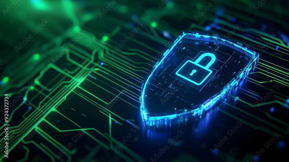 Digital cybersecurity concept image showing an illuminated lock symbol on a motherboard ...