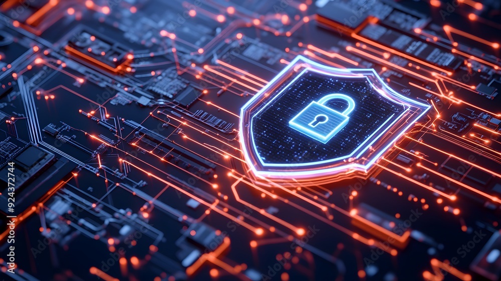 Digital cybersecurity concept image featuring a glowing shield with a ...