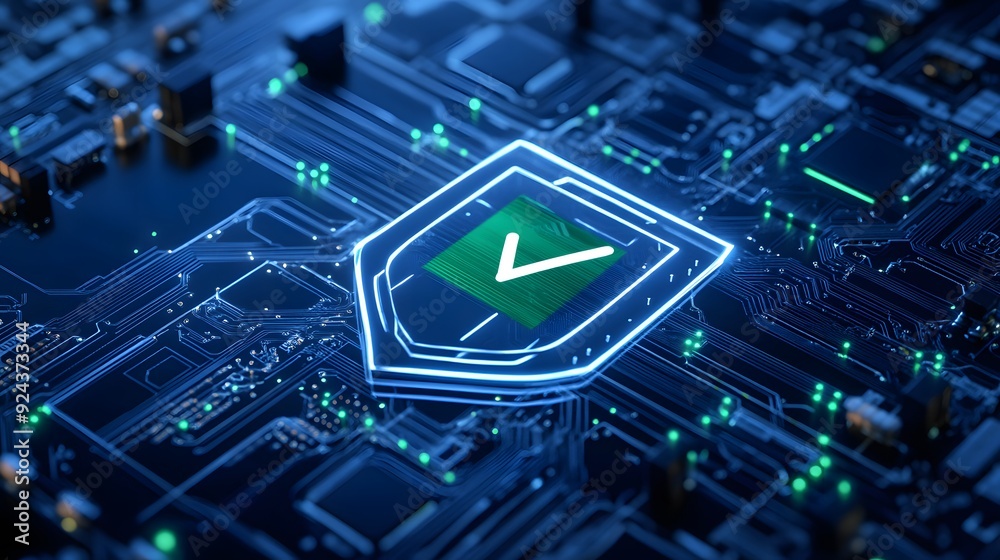 Digital cybersecurity concept with a shield and checkmark on a circuit ...