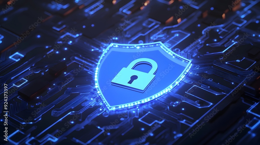 Digital cybersecurity concept with glowing lock symbol on circuit board background, representing ...