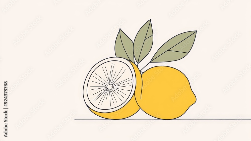 Minimalist line art of a whole lemon, simple and elegant hand-drawn ...