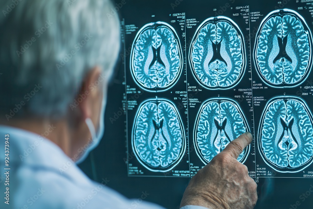 A medical doctor examines an MRI scan to diagnose an elderly patient ...