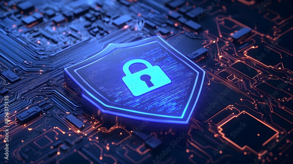 Digital security concept with a glowing lock symbol on a circuit board, representing ...