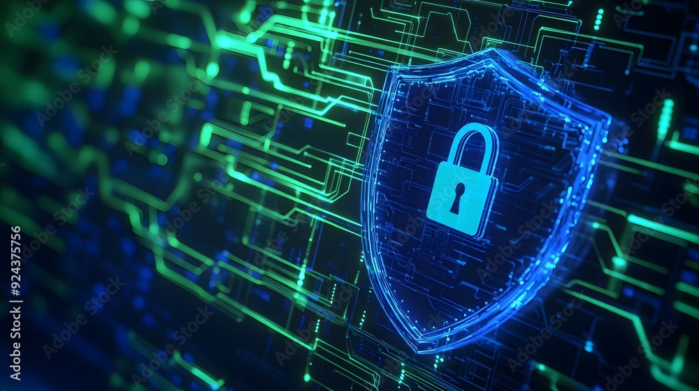 Digital Security Concept With A Glowing Shield Overlayed On A Circuit Board Background