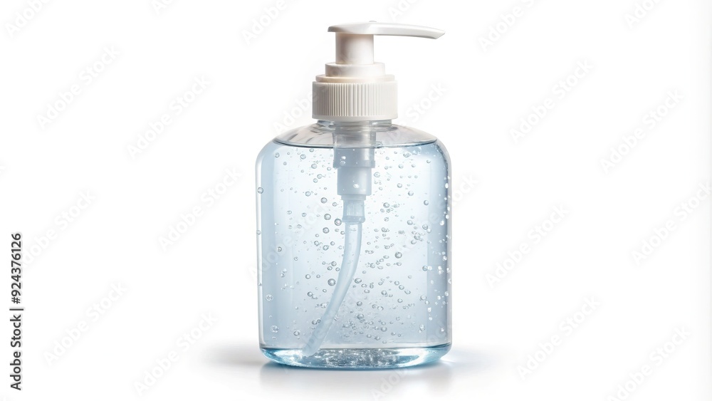 Clear plastic bottle of instant hand sanitizer on white background ...
