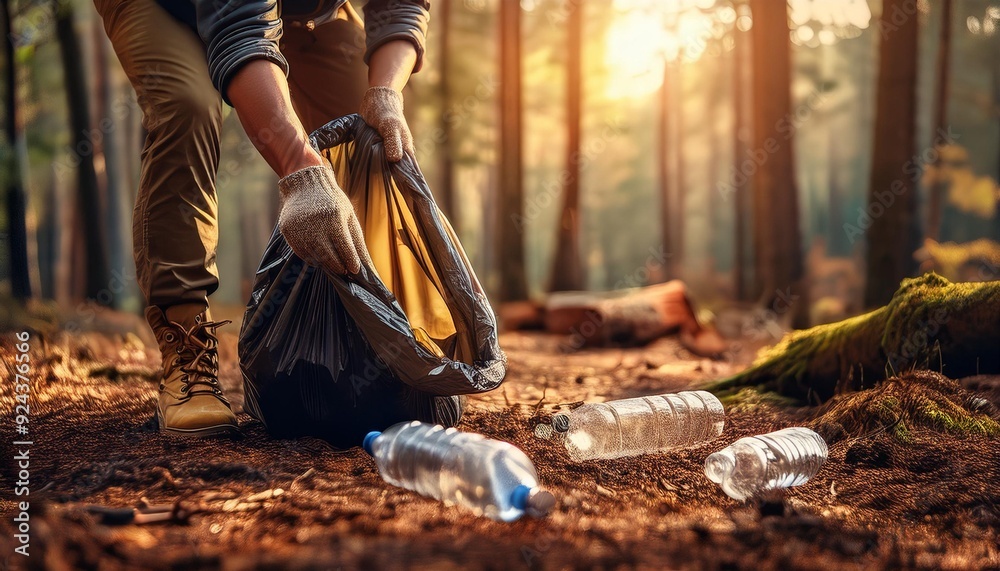 Personas juntando basura en el bosque, cuidado del medio ambiente Stock ...