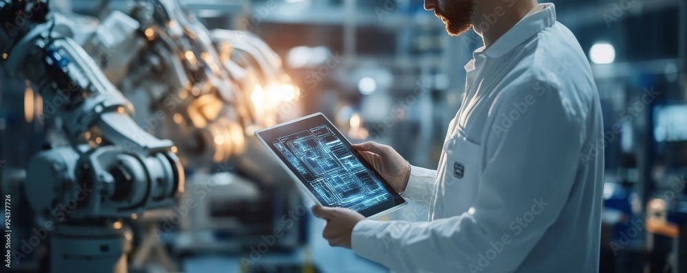 engineer in factory using digital tablet with automated robot arm ...