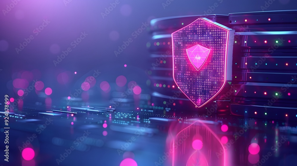 Futuristic cybersecurity concept with a glowing shield icon and server ...