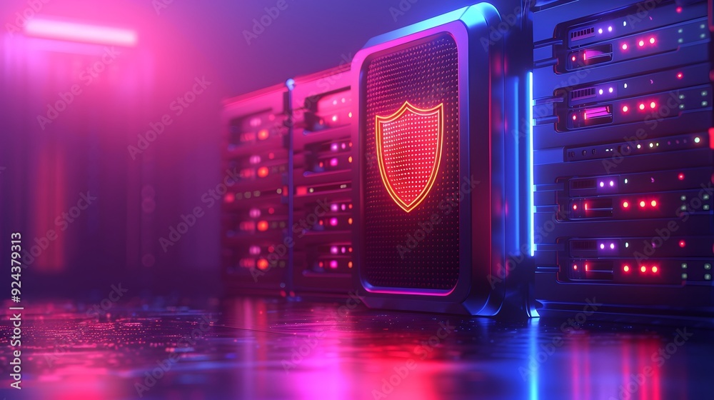 Futuristic data center with glowing neon lights and a security shield ...