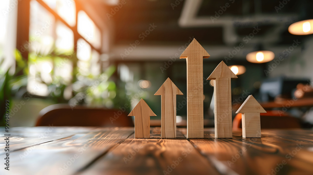 Wooden Up Arrow Bars Above Table Indicating Profit or Improvement in ...