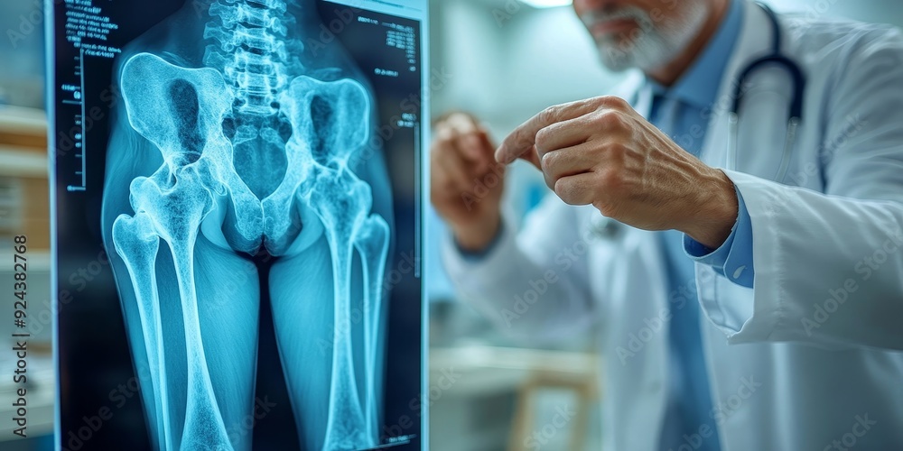 Orthopedic surgeon doctor examining patient's knee joint x-ray films ...
