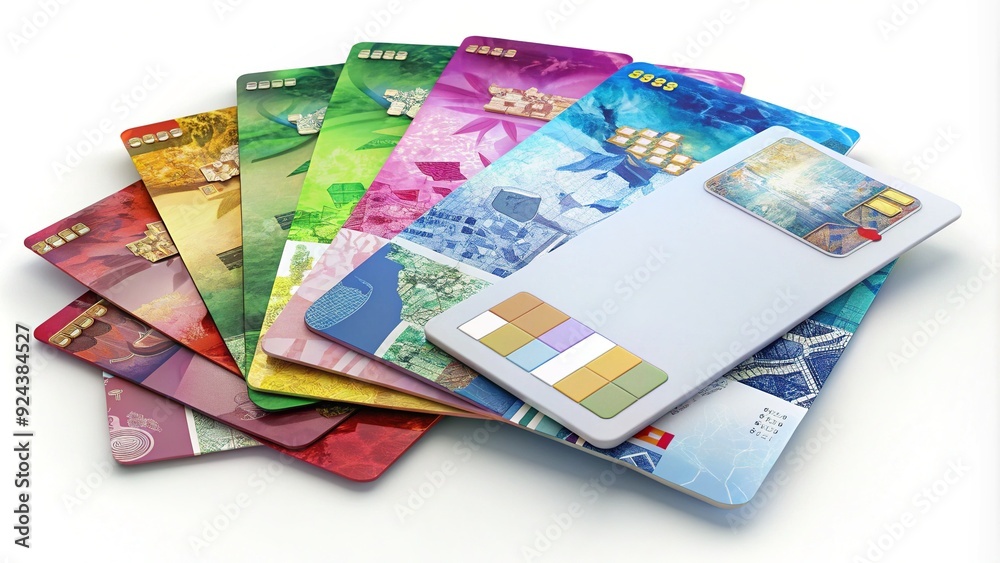 Colorful array of e-money cards and ATM cards arranged on a white ...