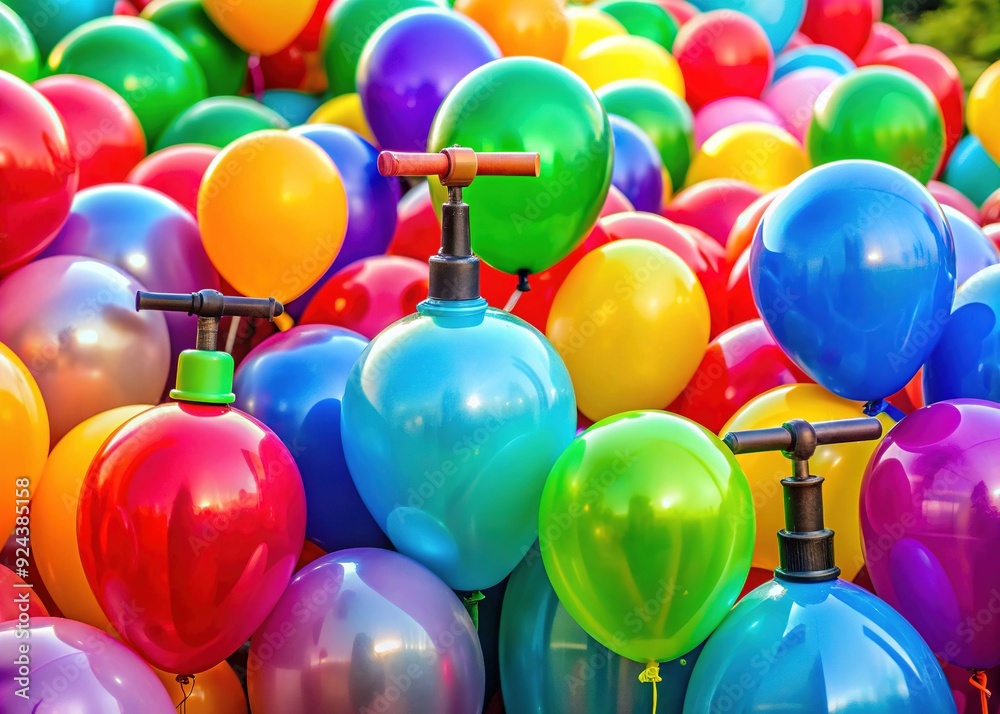 Colorful balloons await inflation as a handheld air pump lies ready ...