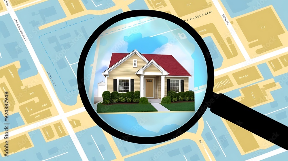 Magnifying glass over a map highlighting a house, symbolizing the ...