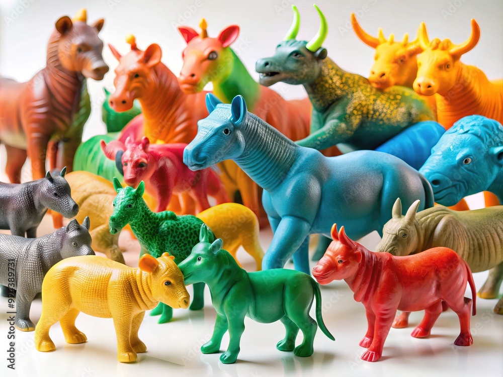 Colorful plastic toy animals, including elephants, hyenas, and rhinos ...