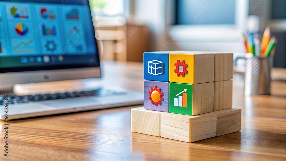 Colorful wooden block on a desk displays a virtual screen with Extracts ...