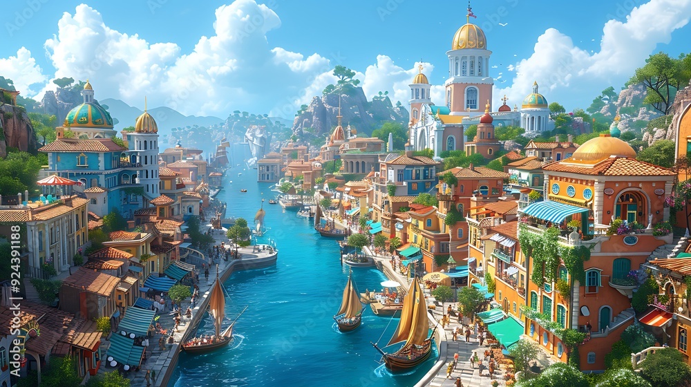 A magical cityscape with soaring spires, floating ships, and a diverse ...