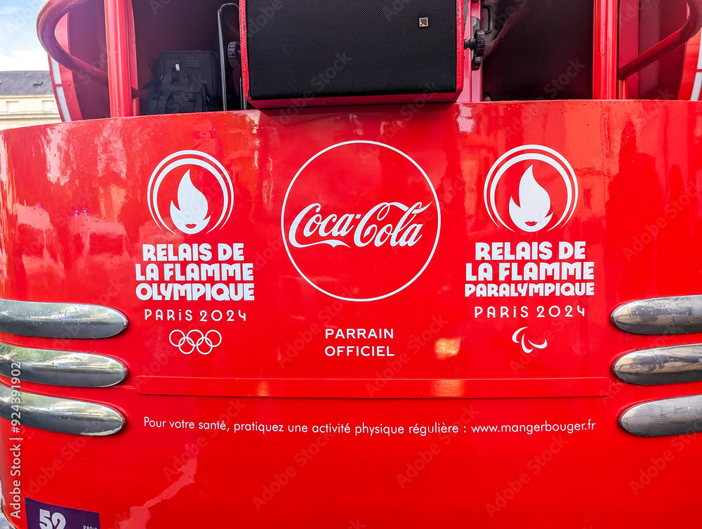 France, 22 May 2024: Coca-Cola advertisement for Paris 2024 Olympic and ...