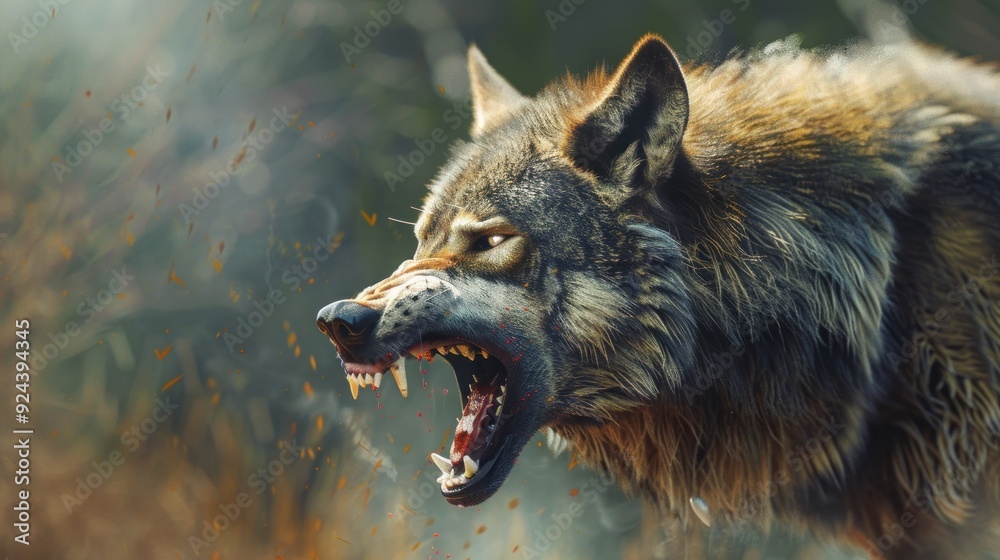 Close-up of a wolf snarling with its mouth open, showing its teeth ...