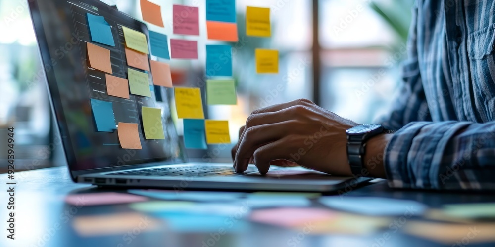 Business developer using Kanban board framework on laptop computer. Agile software development ...