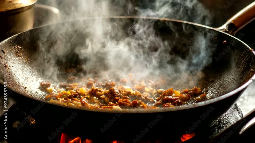 A scene of food being sautéed in a hot pan with visible steam rising ...
