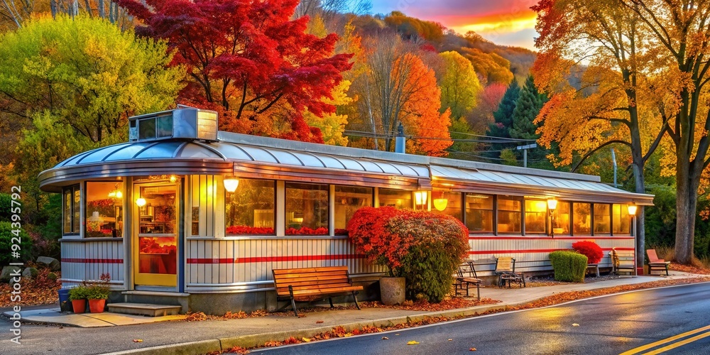 Cozy American diner with neon signage and autumn foliage, welcoming ...