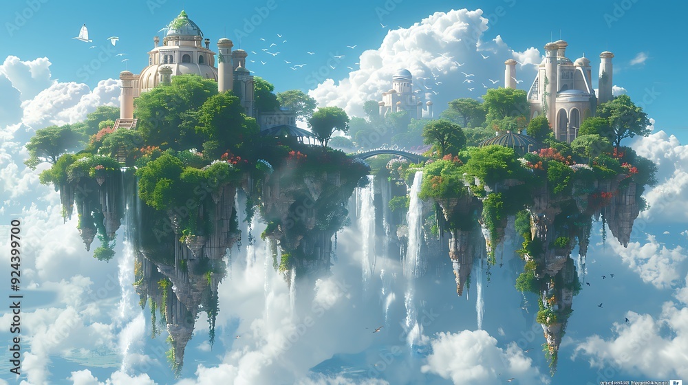 Magical floating islands connected by bridges, with waterfalls pouring ...