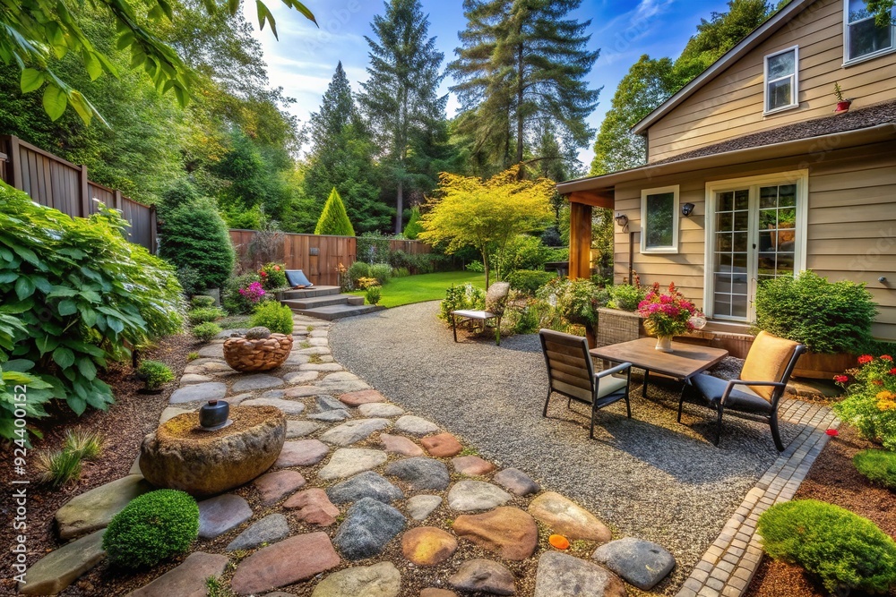 Cozy suburban backyard features a charming small stone patio composed ...
