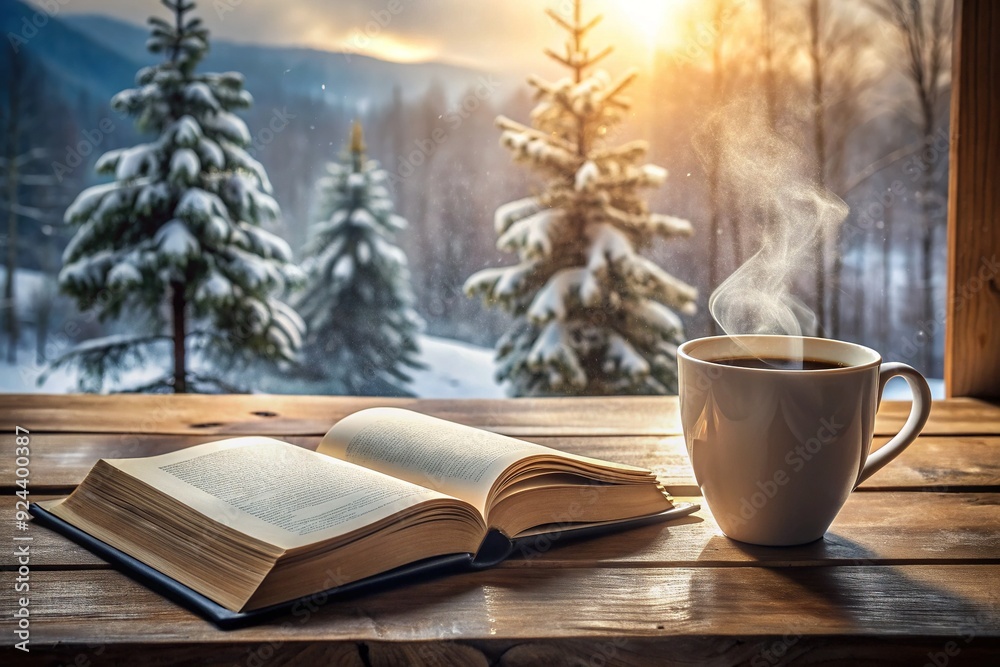 Cozy winter morning scene featuring a steaming cup of coffee beside an ...