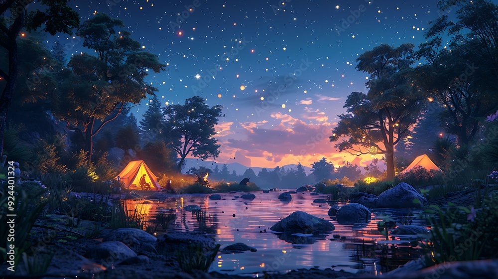 A magical cartoon campsite at night with cheerful campers sitting ...