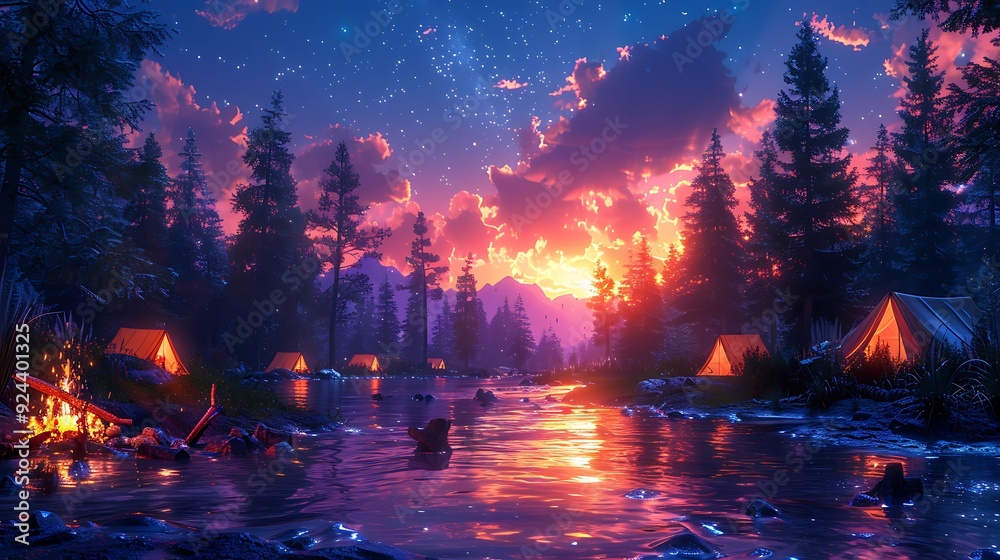 A magical cartoon campsite at night with cheerful campers sitting ...