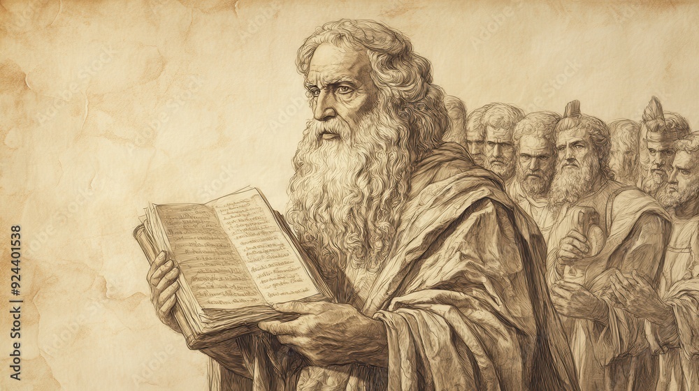 Moses with Radiant Face Holding Commandments, Israelites Reverent ...