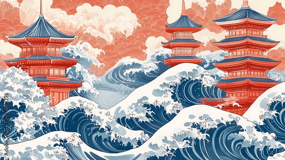 Retro-style Japanese pattern featuring waves and pagodas, perfect for ...